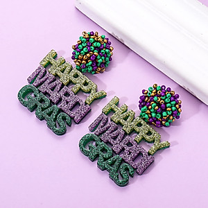 Acrylic Happy Mardi Gras Earrings Letter Beads Ball Earrings Purple Green Gold Beaded Drop Dangle Earrings for Women Carnival Jewelry Gifts (HAPPY MARDI GRAS)