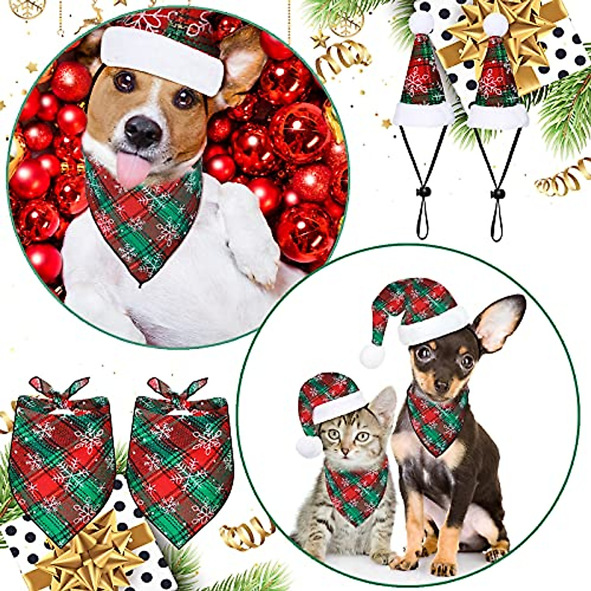 3 Pieces Dog Christmas Supplies Include 1 Christmas Bow Tie Collar 1 Pet Bandana Scarf and 1 Xmas Dog Hat for Small Medium Dogs and Cats Cats or Dogs (Red and Green,Adorable Pattern)