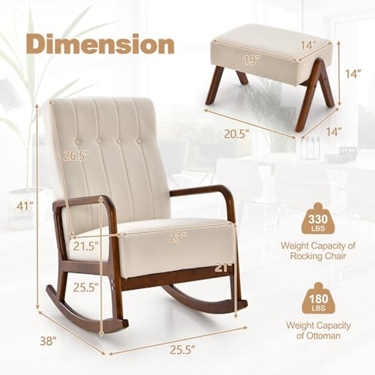 Upholstered Rocking Chair with Ottoman and Solid Rubber Wood Frame and Padded Cushion, Comfortable Rocker Solid Wood for Living Room (Beige)