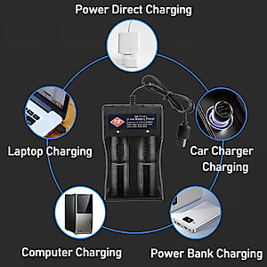 18650 Battery Charger 2 Bay Universal USB Smart Charger for 3.7V Rechargeable Lithium Li-ion Batteries Compatible 18650 26650 21700 10400 14500 16340 16650 18500 Battery Charger