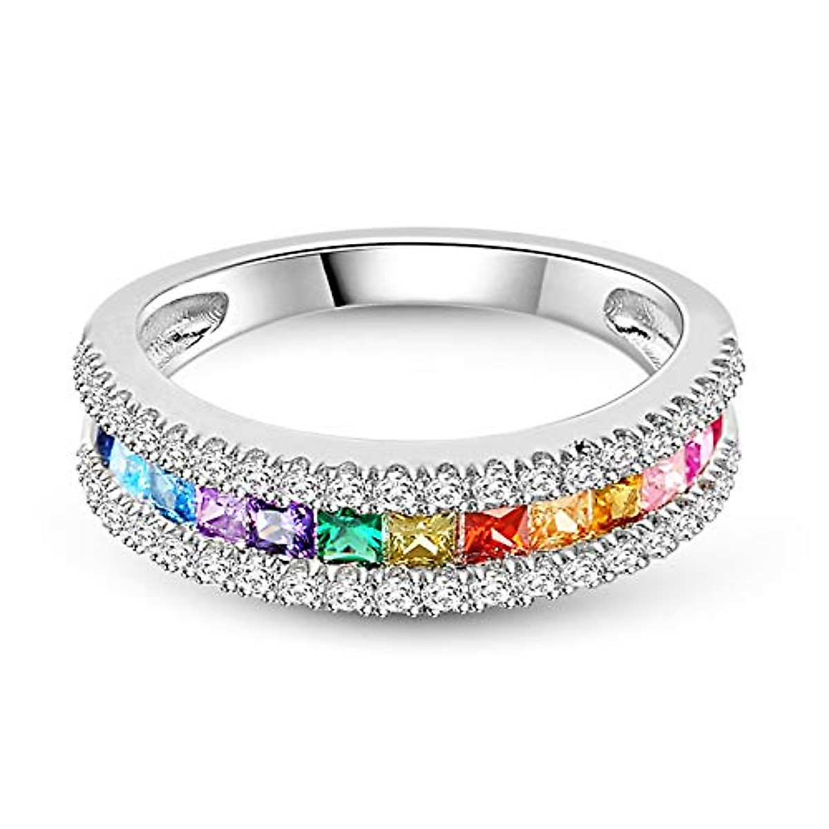 GNOCE Multi-Color Rainbow Band Ring 925 Sterling Silver Princess Cut Women Rings Eternity Wedding Bands Promise Rings for Her (Silver, 7)