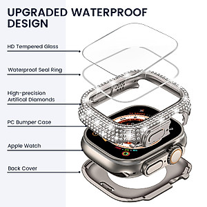 Tensea [2 in 1 for Waterproof Apple Watch Ultra2/Ultra Screen Protector Case 49mm Accessories, iWatch Hard PC Diamond Front and Back Bumper Case with Tempered Glass Film, Bling Face Cover Women, 49 mm