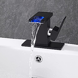 LOOPAN LED Light Bathroom Faucet Waterfall Black One Hole Single Handle Faucet for Bathroom Sink Mount Vanity Faucet Lead-Free for Commercial Residential