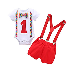 Baby First Birthday Sesame Street Theme Party Outfit Funny Bowtie One Year Old Boys Romper Bodysuit Adjustable Y Back Suspenders Cake Smash Clothes Set for Photo Shoot #White+Red 12-18 Months