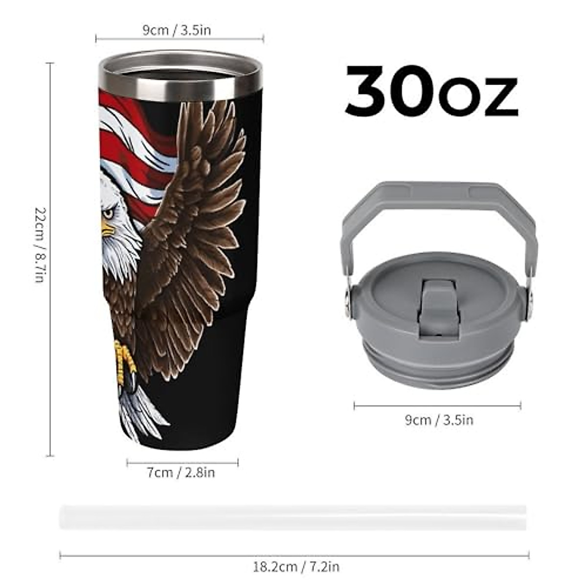 30oz Stainless Steel Insulated Tumbler with Flip Lid & Straw, Leakproof Travel Mug for Car, USA Flag Patriotic Eagle Double Wall Vacuum Thermal Coffee Cup with Handle, Spill-Proof Design for Hot/Cold