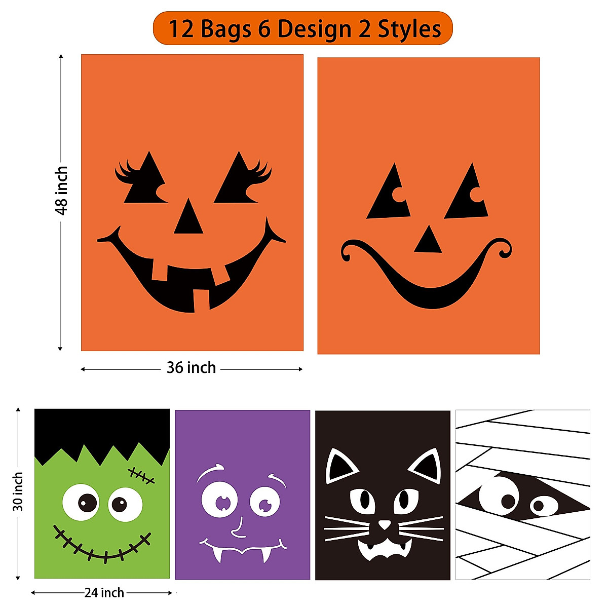 POPGIFTU 12 PCS Halloween Lawn Leaf Bags Pumpkin Lawn Bags, with 6 Halloween Pattern Designs, Plastic Outdoor Fall Leaf Trash Bag for Fall Decorations Outdoor Yard Lawn Halloween Decorations