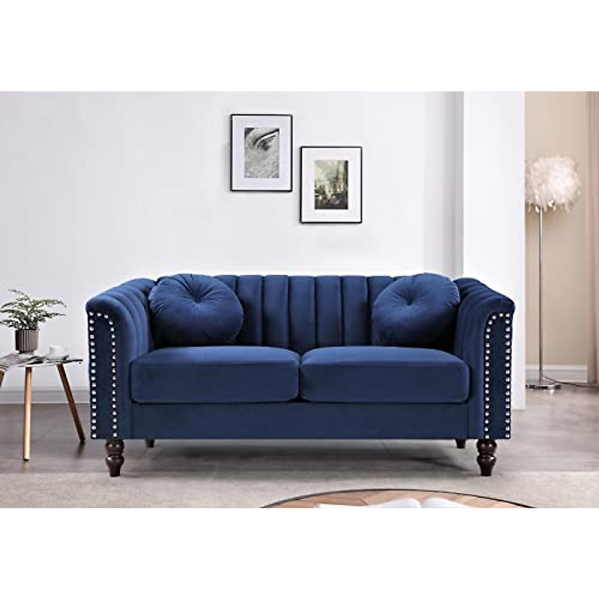 US Pride Furniture Modern Luxury Velvet Couch for Living Room with Turned Wood Legs and Removable Cushions, Contemporary 3 Seater Accent Piece, 61.4'' Wide Sofa, Dark Blue
