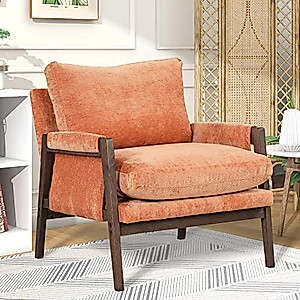 Merax Mid-Century Modern Leisure Velvet Accent Chair with Solid Wood and Thick Seat Cushion for Living Room, Bedroom, Studio, Orange
