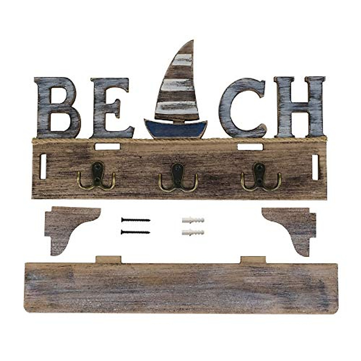SAILINGSTORY Beach Wall Decor, Beach Sign Key Holder for Wall Mounted Coat Rack with Shelf, Beach Decor Nautical Decor Key Hook for Wall with Shelf