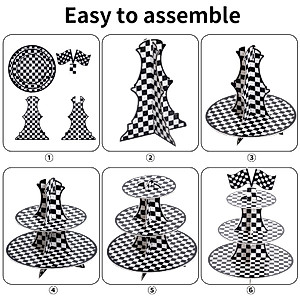 3-Tier Round Cardboard Cupcake Stand, Racing Car Theme Cardboard Cupcake Holder, Car Theme Dessert Display Stand Tower, Black and White Checkered Car Party Decorations Supplies