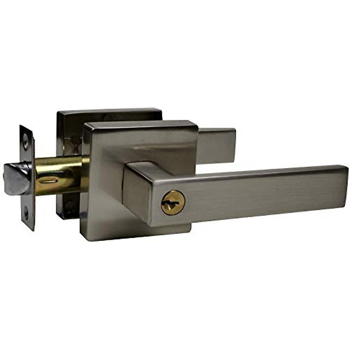 BodShell Door Handle Lever - Contemporary Interior and Exterior Entry Door Handle Lock Set for Main Front and Back Doors with Keys (Satin Nickel, Entry (Keyed), 1)