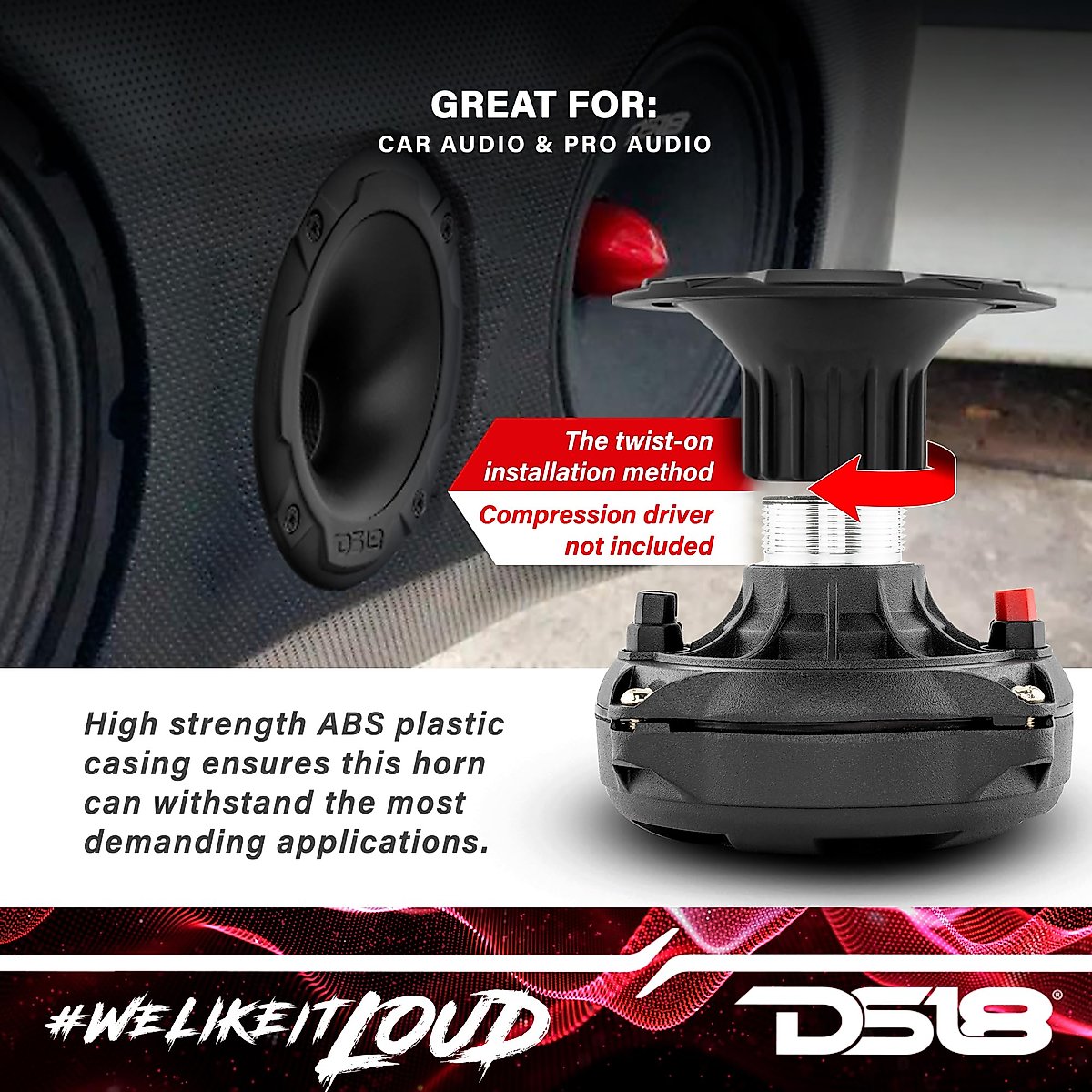DS18 PRO-HT1 Twist on Slim Profile Exit Horn ABS/PC Plastic Waveguide for Drivers with 1" Throat, 1.77" Depth, 4.5" Diameter - Short Exit Horn Wave Guide for Compression Drivers