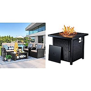 Shintenchi 4-Piece Outdoor Patio Furniture Set, Black & Ciays Propane Fire Pits 28 Inch Outdoor Gas Fire Pit, 50,000 BTU Steel Fire Table with Lid and Lava Rock, Black