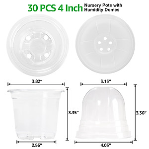 Bonviee 30 Sets Plant Nursery Pots with Humidity Domes, 4 Inch Clear Nursery Pots (30 Pots + 30 Clear Lids), Seed Starter Pots Small Planter Containers with Drain Holes with 10 Plant Labels- Clear