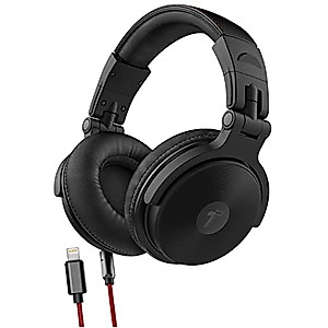 Thore Over Ear iPhone Headphones with Lightning Connector (Apple MFi Certified) – Closed Back Studio DJ Monitor Earphones (50mm Neodymium Drivers) (V200 Black/Red)