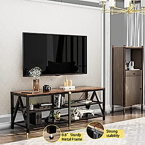 Katrawu TV Stand for TV up to 65 Inch, Long 55" TV Cabinet with 3-Tier Storage Shelves,Entertainment Center TV Console Table for Living Room with Industrial TV Metal Frame, Rustic Brown
