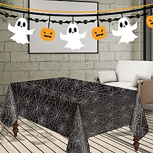 Hamonical 54x107 Inch Halloween Tablecloth, Black Rectangular Spider Web Table Cover, Spillproof Washable PVC Table Topper, Perfect for Halloween Decoration, Dinner Parties
