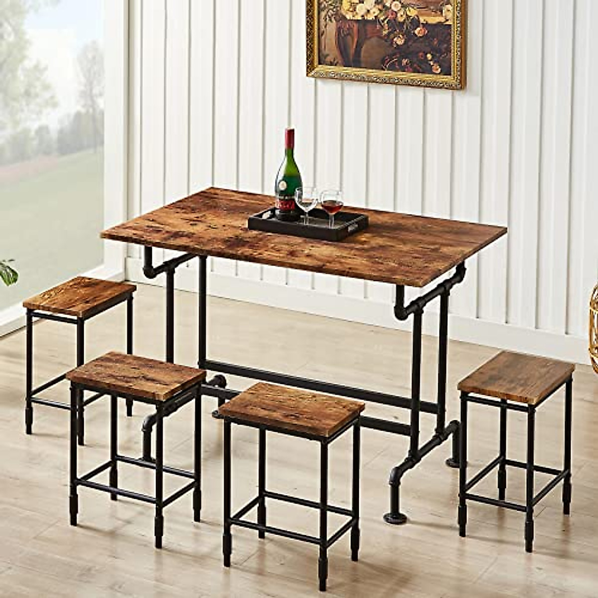 VECELO Dining Table Set for 4 Kitchen Industrial Bar Dinette with Rectangular Tabletop, Save Spacing&Sturdy Metal Frames for Home Breakfast Farmhouse Living Room Small Apartment, Brown