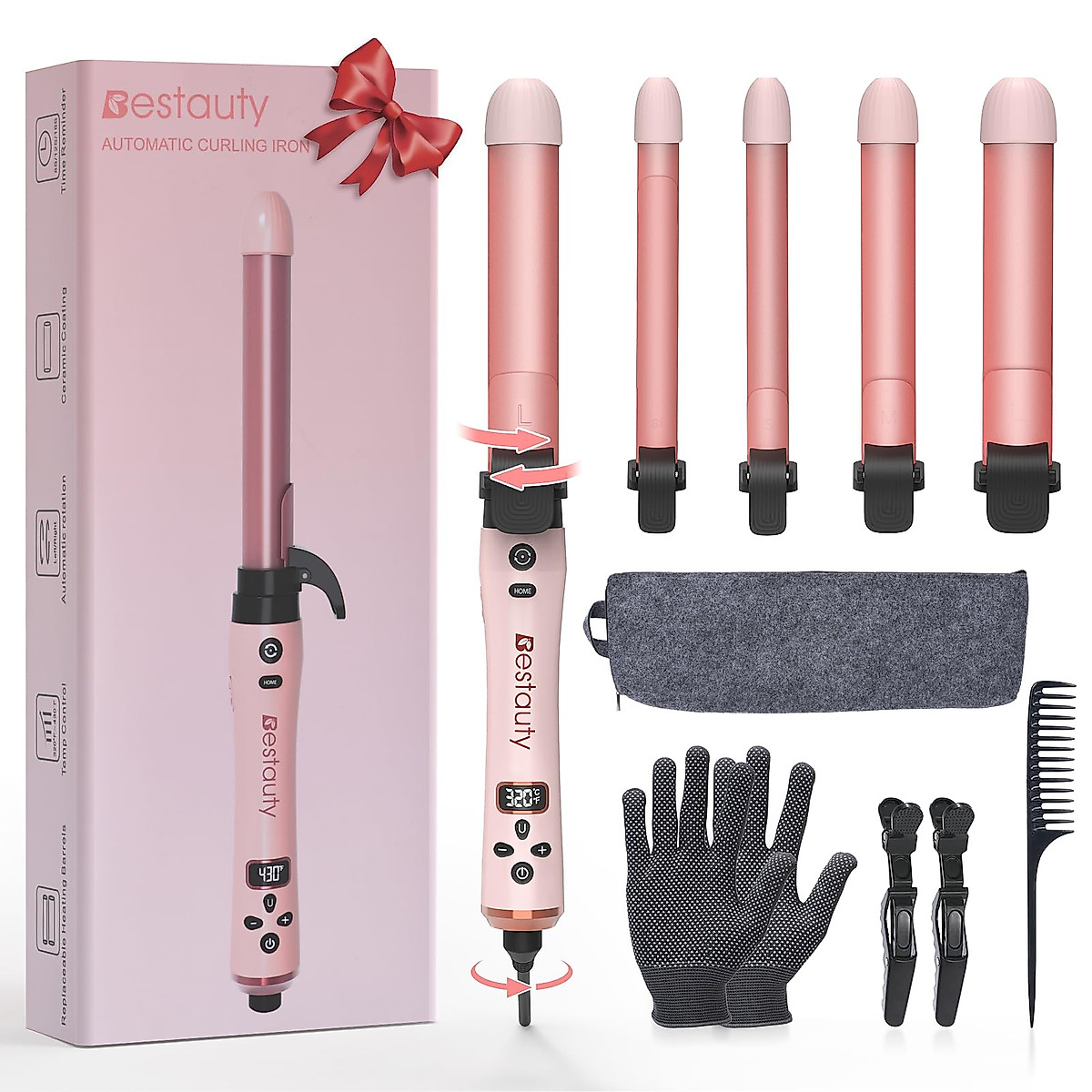 Bestauty Automatic Curling Iron, 0.75(2 PCS)/1/1.25" Interchangeable Ceramic Coating Heating Iron Barrels, Quick Heating Hair Curler 360° Rotating for Waver Curl, 4 Adjustable Temperature 320°F-430°F