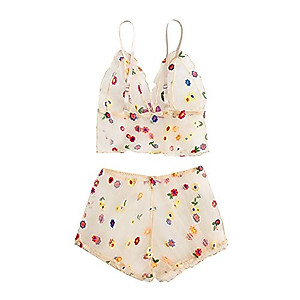 Verdusa Women's Floral Embroidered Sheer Mesh Bralette Top Shorts Lingerie Set Apricot L