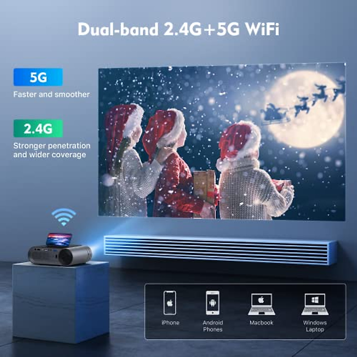 Native 1080P 5G WiFi Bluetooth Projector, Toperson 8500LM 300" Big Screen Wireless Home Movie Theater Projector for Outdoor Night Camping, 4K Video Projector for iPhone Android Phone/TV Stick/HDMI/USB