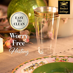 Perfect Settings 100 Premium Hard Plastic Cups Clear Plastic Double Colored Rimmed Cups Fancy Disposable Wedding Cups Elegant Party Cups with Twin Colored Rim (Clear Gold Rim, 16)