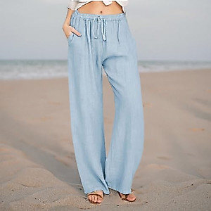 Capri Pants for Women Casual 2023 Summer Drawstring Elastic High Waist Linen Pant Straight Wide Leg Cropped Trouser high Waisted Wide Leg Pants Sky Blue XL