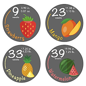 Bump Stickers - 40 Weekly Pregnancy Tracking Stickers – Week 5 to 40 + 4 Bonus Stickers – Pregnancy Photo Prop – Fruit 3.93 Inch