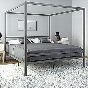DHP Modern Metal Canopy Platform Bed with Minimalist Headboard and Four Poster Design, Underbed Storage Space, No Box Spring Needed, King, Gunmetal Gray