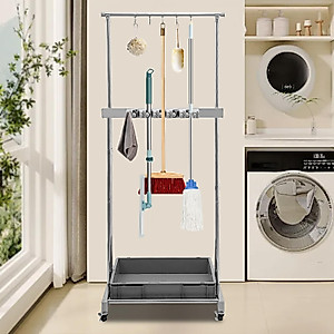 CheriMuMu Broom mop Holder, Mobile Cleaning Tools Storage Cart, Cleaning Supplies Organizer Janitor Carts, Stainless Steel Floor-Standing Mop Rack with Wheels for Garden Garage Schools (5 Slots)
