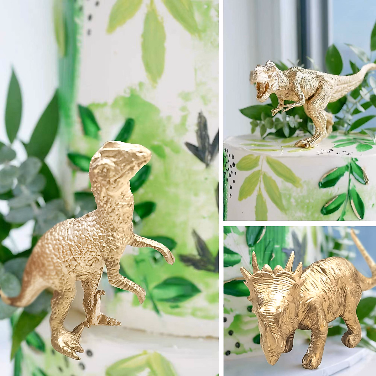 16 PCS Metallic Gold Dinosaur Cake Decorations Dino Theme Cake Topper with Artificial Palm Leaves Dinosaur Eggs for Kids Boys Girls Baby Shower Birthday Party Supplies