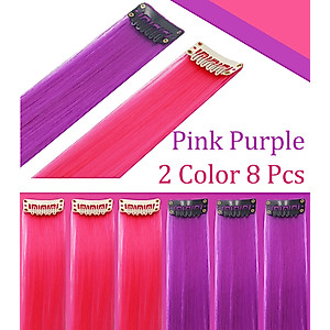 Rhyme Pink Purple Hair Extensions for Girls 21 inch Highlight Princess Party Colored Hair Extensions Clip in/on for Girls and Kids Hair Accessories Wig Pieces 8PCS (Pink Purple)