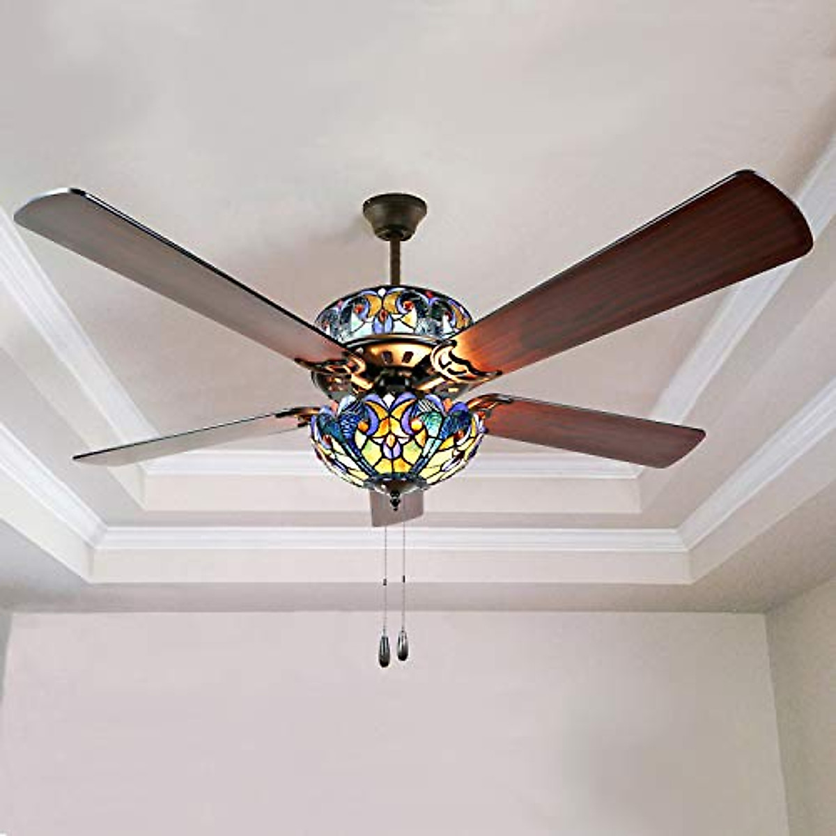 RIVER OF GOODS Tiffany-Style Halston Stained Glass Ceiling Fan - 52" L x 52" W - Mahogany and Black Fan Blades - Blue