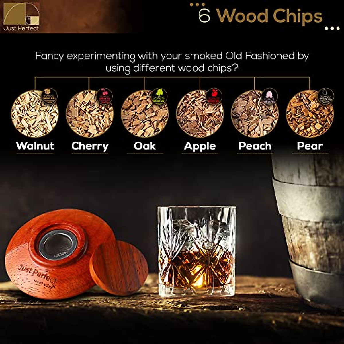 Just, Perfect and Regular Cocktail Smoker Kit with Torch, 6 Flavors Wood Chips, 4 Marble Ice Cubes, 1 Bonus Drinking Cards Game- Old Fashioned Wood Smoker for Whiskey | Cheese | Gift for Bourbon Drinks Lovers (No Butane)