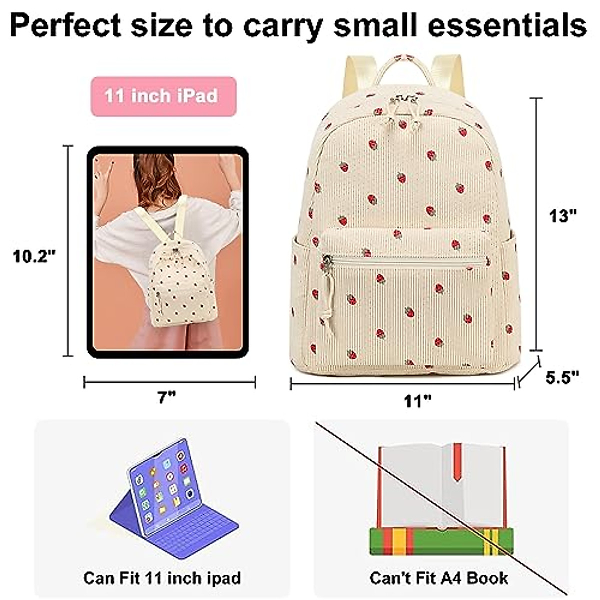 Bluboon Girls Mini Backpack Womens Small Backpack Purse Teens Cute Casual School Bookbag(Corduroy Strawberry)