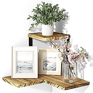 SRIWATANA Rustic Corner Shelf, 2-Tier Wood Wall Shelf, Wall Mounted Storage Shelves for Bedroom, Living Room, Bathroom, Carbonized Black