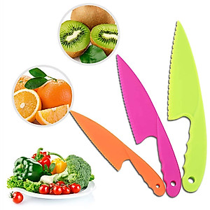 quirzx Kids Knife Set, 3PCS Kid Safe Knives with Cut Resistant Gloves (Ages 6-12), Serrated Edges, BPA-Free, Plastic Kitchen Kids Knives for Real Cooking & Cutting Fruit, Vegetable, Bread, Cake