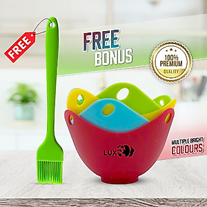 LuxPanda Egg Poacher for Poached Eggs–Premium Silicone, Microwave or Stovetop, Egg Benedict, poach pods, Bags, BPA Free, Non-Stick, 4 Colours, with Build in Ring, Egg Boiler, Oil Brush