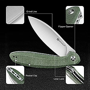 SENCUT San Angelo Pocket Knife Folding Knife for EDC, Green Micarta Handle Satin 9Cr18MoV Blade , Liner Lock Small Knife with Clip for Men Women, Lightweight Foldable Everyday Carry Knife for Indoor Outdoor Gift S21003-3
