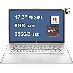 HP 17 Business Laptop Computer 17.3" FHD IPS Display AMD Hexa-Core Ryzen 5 5500U (Beats i7-1160G7) 8GB RAM 256GB SSD Fingerprint Reader USB-C Office365 Win10 Silver + HDMI Cable