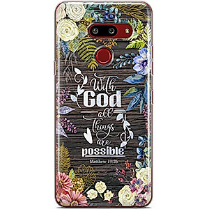 Mertak Clear Phone Case Compatible with LG Stylo 6 5 4 K61 K51S K41S K30 K20 Q70 Q60 Matthew 19:26 Wood Flexible Silicone Protective Slim Scripture Bible Verse Floral Religious TPU Cover Print