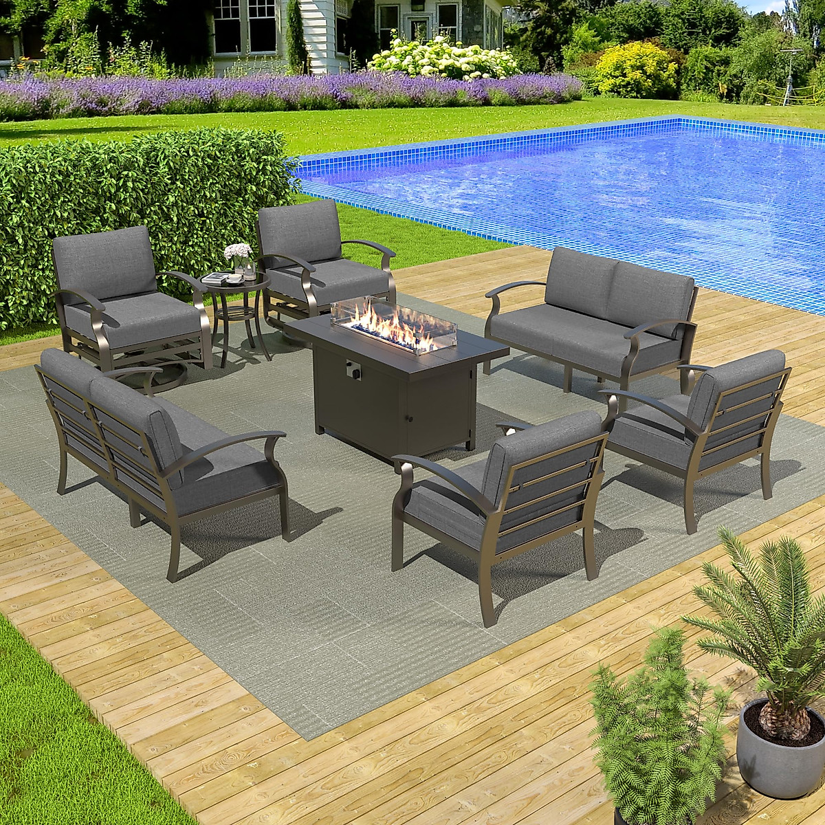 Piltwoff Aluminum Patio Furniture Set,8 Pcs Modern Patio Sectional Conversation Sets w/55,000BTU Propane Fire Pit,Outdoor Swivel Rocking Chairs w/5.1" Cushion&Coffee Table,Grey