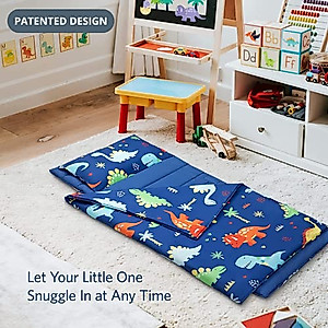 Cokouchyi Toddler Nap mat, Toddler Sleeping Bag with Carrying Bag and Removable Pillow, Measures 53 x 21 x 1.5 Inches, Dinosaur Kids Sleeping Bag, Ideal for Daycare and Preschool, Blue