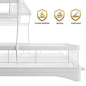 Dish Drying Rack for Kitchen Counter, 2-Tier Dish Racks with Drainboard, Large Capacity Dish Drainer Organizer Shelf with Utensil Holder, Wine Glass Holder（White）