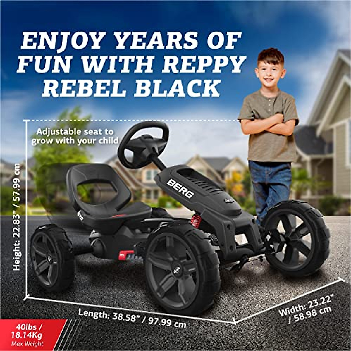 Berg Reppy Rebel Kids Go Kart - Pedal Go Kart for Boys & Girls - Kid's Pedal Vehicles with Soundbox & Adjustable Seat - Pedals Cars for Kids - Black Ride-On Children's Go Cart for Ages 2.5-6 Years