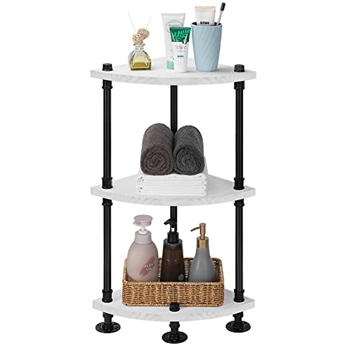 BTY Small Corner Shelf 3 Tier Free Standing Corner Display Rack Wood Corner Storage Stand Shelves for Bedroom Bathroom Small Place (Grey White)