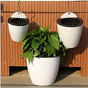 Jucoan 9 Pack Self Watering Hanging Planter, 5 Inch Dua-pots Lazy Flower Pot, White Plastic Wall Hanging Planter Pot with 9 Hooks for Garden Fence, Porch, Wall