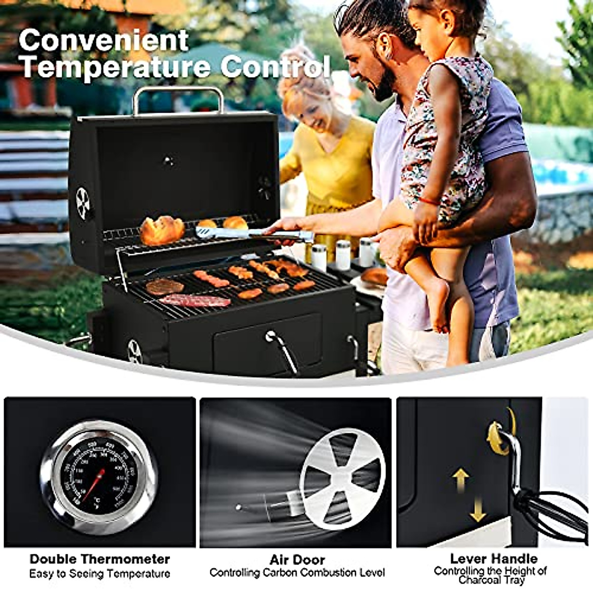 Giantex 24 inch Charcoal Grill with Folding Side Table, Large Grilling Area, Built-in Thermometer, Draw-out Ash Tray, BBQ Grill Outdoor Smoker with Wheels for Picnic Camping Patio Backyard Cooking