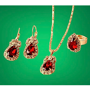 EONLINE Fashion Gemstone Claw Chain Diamond Necklace Earrings Ring Three Piece Jewelry Sets (Red Gemstone)