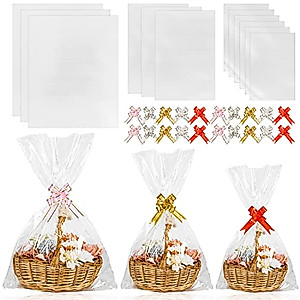50pcs Cellophane Bags 3 Sizes Cellophane Wrap for Gift Baskets 24x30 16x24 12x18 Large Clear Packaging Bags with 50 Pull Bows for Gift Wrapping Plastic Gift Bags Easter Basket